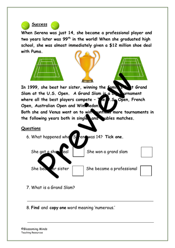 Serena Williams - SATs style comprehension - Year 2 - Women's History ...
