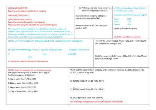 specific heat capacity GCSE - learning mat | Teaching Resources