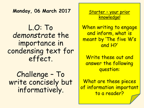 Condensing information - Key Stage 3 English | Teaching Resources