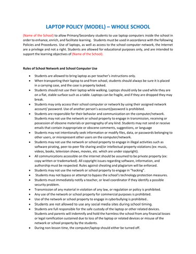 Laptop Policy and Parent Consent form - Whole school | Teaching Resources
