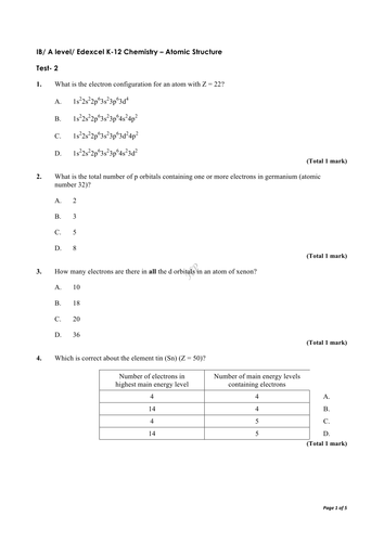 Atomic Structure Practice Sheet & Answers-IB/ AS level/ AP/ Edexcel K ...