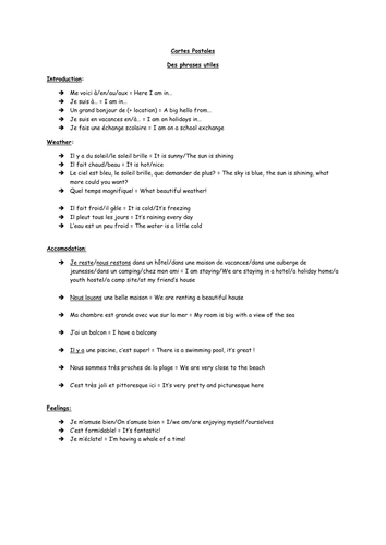 Carte Postale- Writing a French postcard | Teaching Resources