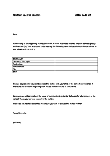 Uniform Letter Home | Teaching Resources