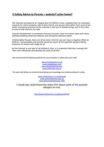 E-Safety Letter Home | Teaching Resources