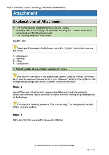 Workbook Answers Attachment - Explanations of Attachment | Teaching ...