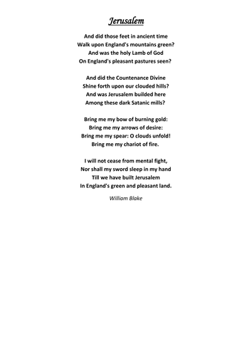 Jerusalem - William Blake SEN / Low Ability Yr 7,8,9 (Environment ...