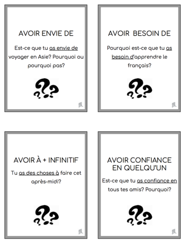 French avoir expressions speaking prompt cards, exercise, list and ...