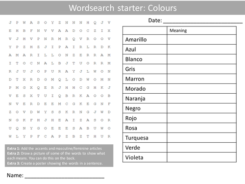 Spanish Colours Wordsearch Crossword Anagrams Keyword Starters Homework ...