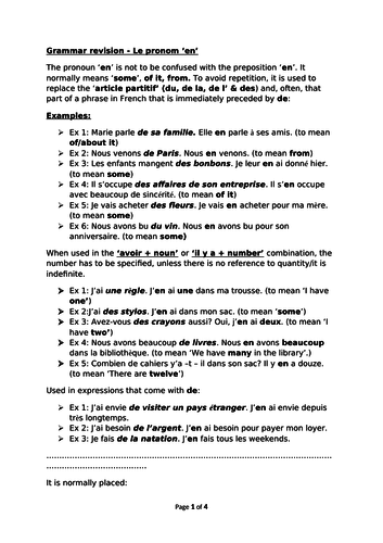 le pronom 'en'- grammar revision | Teaching Resources