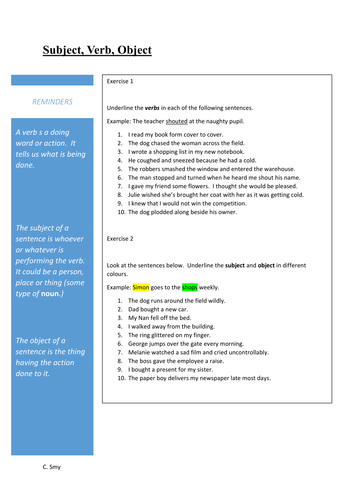 Subject, verb, object and semicolons. PPT and accompanying handout ...