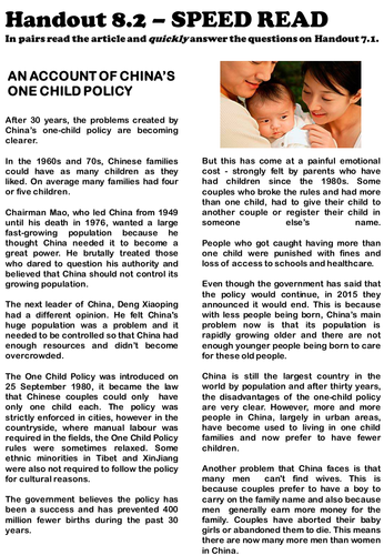 One Child Policy - Geography of China 7 | Teaching Resources