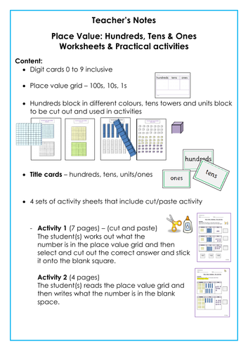 Place Value Hundreds Tens Ones/Units Teacher Notes digit cards ...