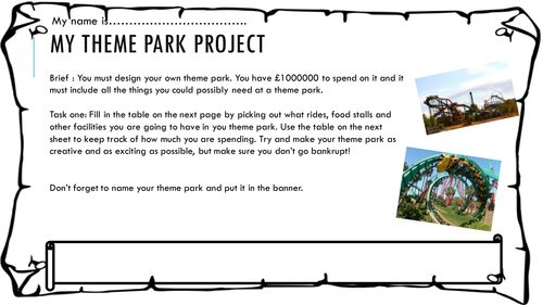 Theme Park Project- Adding and subtracting using money and finding area ...