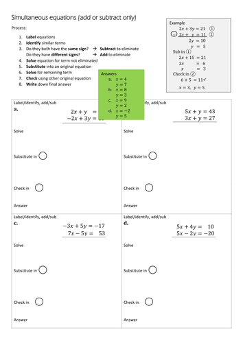 Simultaneous equations - add/sub (scaffolded) | Teaching Resources