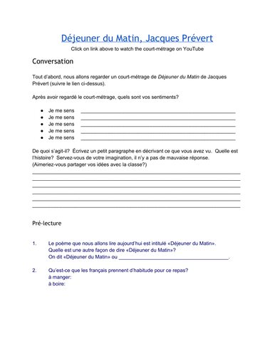 French Poetry Lesson: Déjeuner du Matin, Jacques Prévert | Teaching ...