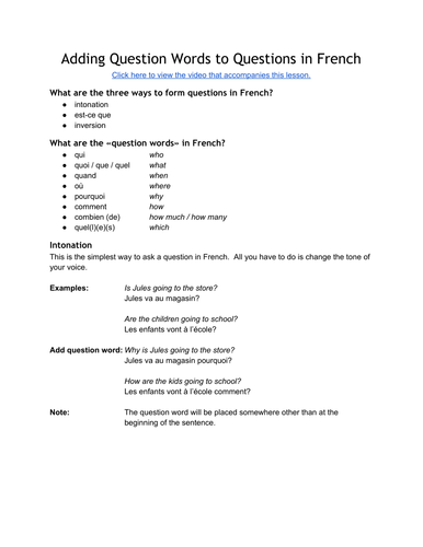 GCSE FRENCH: Forming French Questions with Interrogative Words Lesson ...