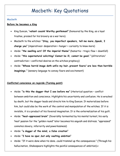 Macbeth Key Quotations - Revision (highly recommended by GCSE students) | Teaching Resources