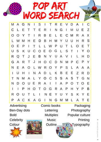 Pop Art Word Search - lesson starter, plenary, cover, literacy task ...