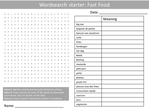 French Fast Food Wordsearch Crossword Anagrams Keyword Starters ...