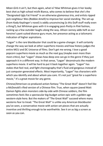 Two lessons - Features of film review writing - KS3 Y9 GCSE ...