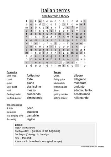 Italian musical terms worksheet (grade 1 theory) | Teaching Resources