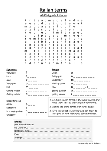 Italian musical terms worksheet (grade 1 theory) | Teaching Resources