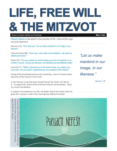 WJEC Eduqas Judaism: Pikuach Nefesh, Free Will and the Mitzvot Exam ...