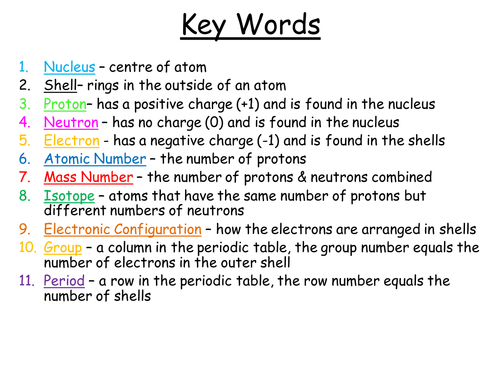 Key Words Atomic Structure and Periodic Table Edexcel 9-1 | Teaching ...