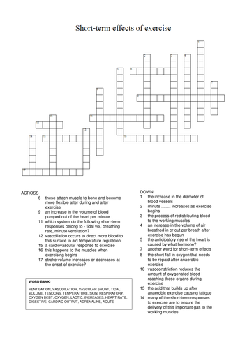 OCR GCSE Short-term effects of exercise crossword (HAP and LAP ...