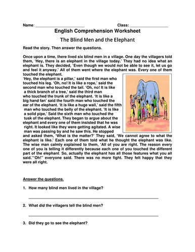 English Comprehension Worksheet 'The Blind Men and the Elephant ...