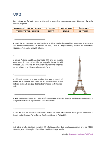READING COMPREHENSION_Paris | Teaching Resources