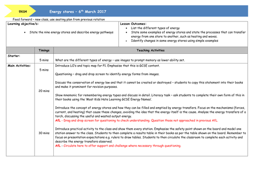AQA KS4 P1 Physics - Energy stores | Teaching Resources