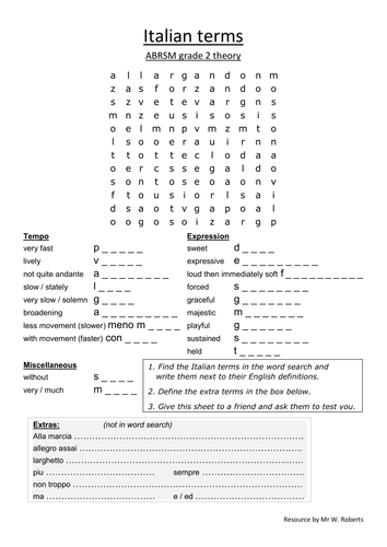 Italian musical terms worksheet (grade 2 theory) | Teaching Resources
