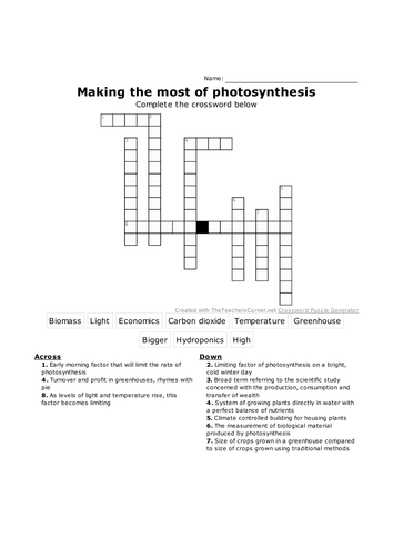 GSCE Biology crosswords NEW specification Chapter 8 Photosynthesis ...