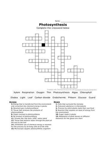 GSCE Biology crosswords NEW specification Chapter 8 Photosynthesis ...