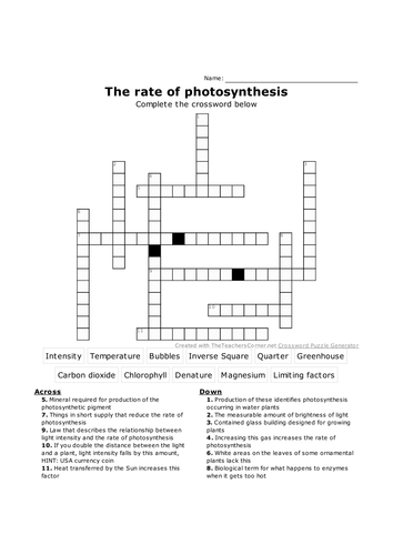 GSCE Biology crosswords NEW specification Chapter 8 Photosynthesis ...
