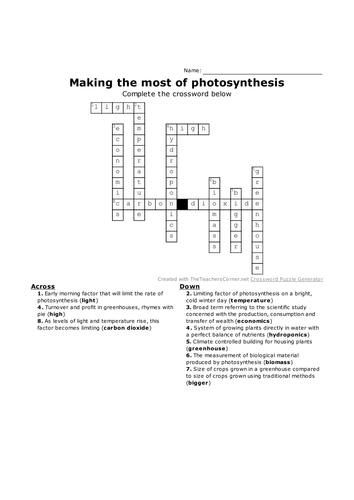 GSCE Biology crosswords NEW specification Chapter 8 Photosynthesis ...