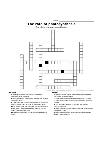 GSCE Biology crosswords NEW specification Chapter 8 Photosynthesis ...