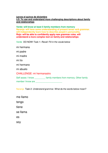 Mi familia my family whole lesson worksheets reading comprehension and ...