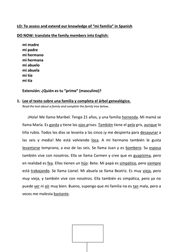 Mi familia my family whole lesson worksheets reading comprehension and ...
