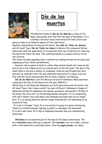 dia de los muertos text with multiple choice questions | Teaching Resources