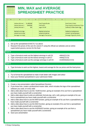 Spreadsheet MIN MAX AVERAGE Practice | Teaching Resources