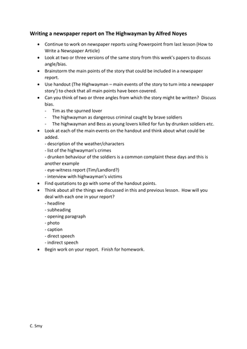 Writing a newspaper report of The Highwayman by Alfred Noyes | Teaching ...