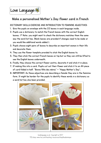 French personalised Mother's Day card - adjectives and dictionary ...