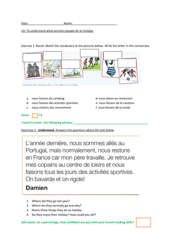 french les activities en vacances holiday activities whole lesson and ...