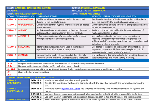 HYPHENS AND DASHES - PUNCTUATION: UNIT LESSON PLAN | Teaching Resources