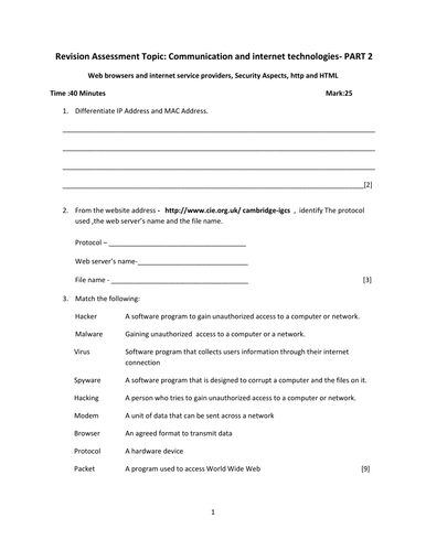 REVISION WORKSHEET -IGCSE /O LEVEL COMPUTER SCIENCE:INTERNET &SECURITY ...