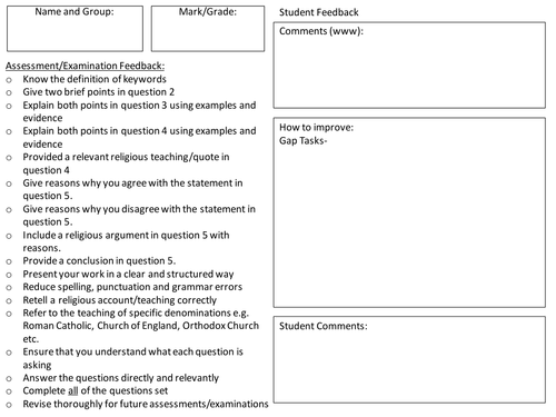 New GCSE RS 9-1 Post Assessment/Exam Feedback Sheet | Teaching Resources
