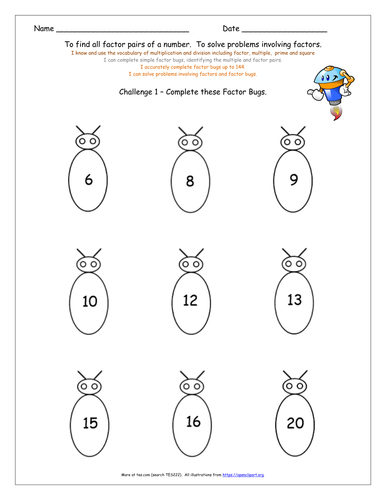 KS2 Y5 Y6 Finding Factors and Common Factors Differentiated Worksheets + 144 Factor Bugs ...