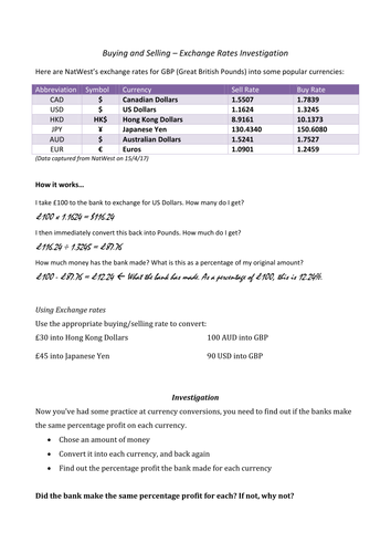 Exchange Rates & Banks' Profit Investigation Task | Teaching Resources